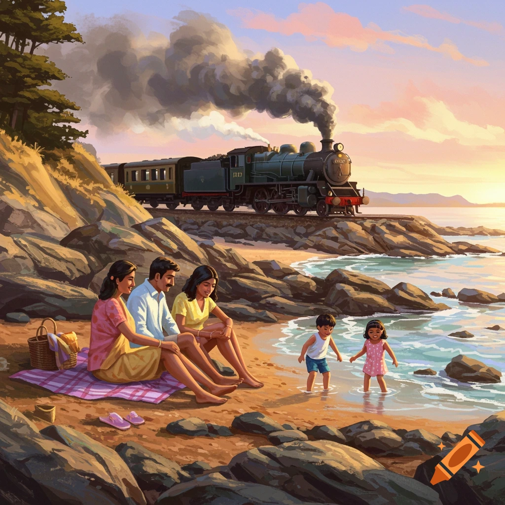 An impressionistic image of a family on a rocky beach with a vintage ...