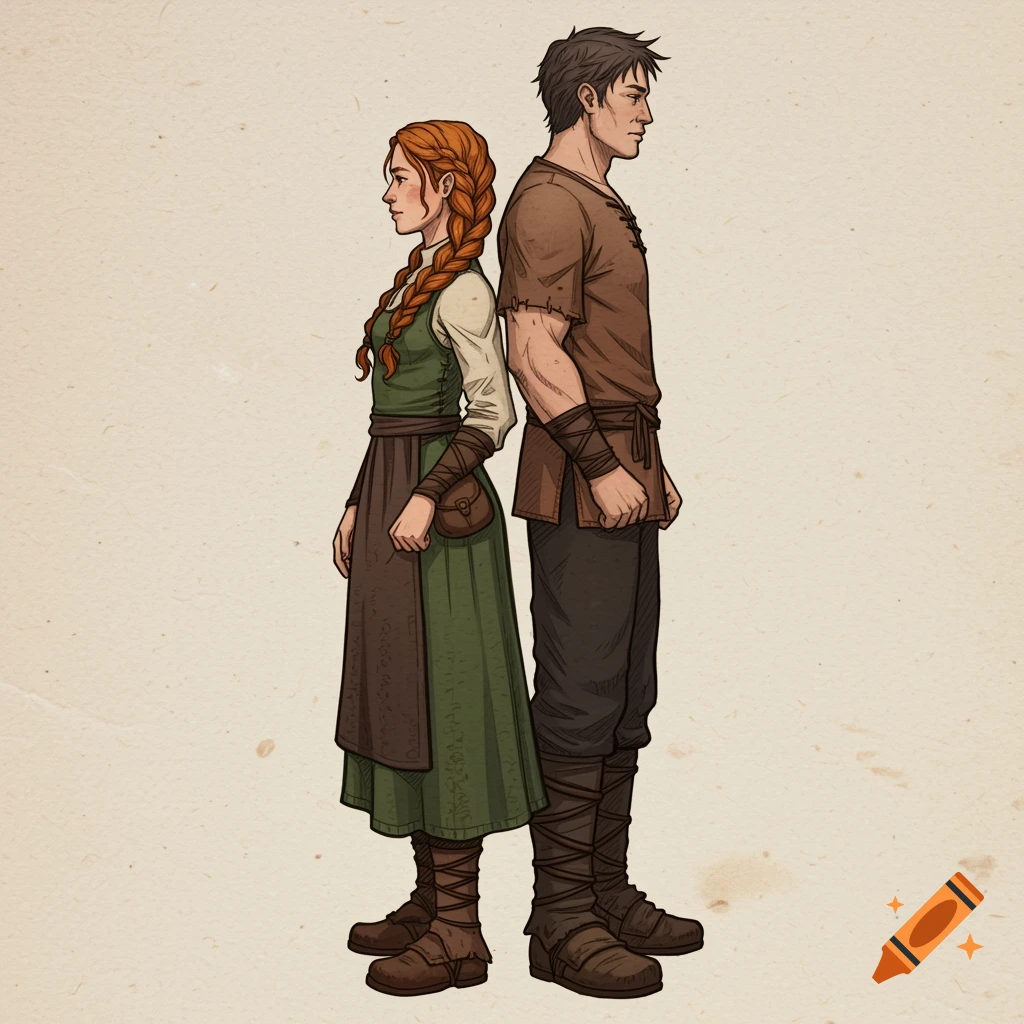 Detailed fantasy drawing of a man and woman in medieval clothing ...