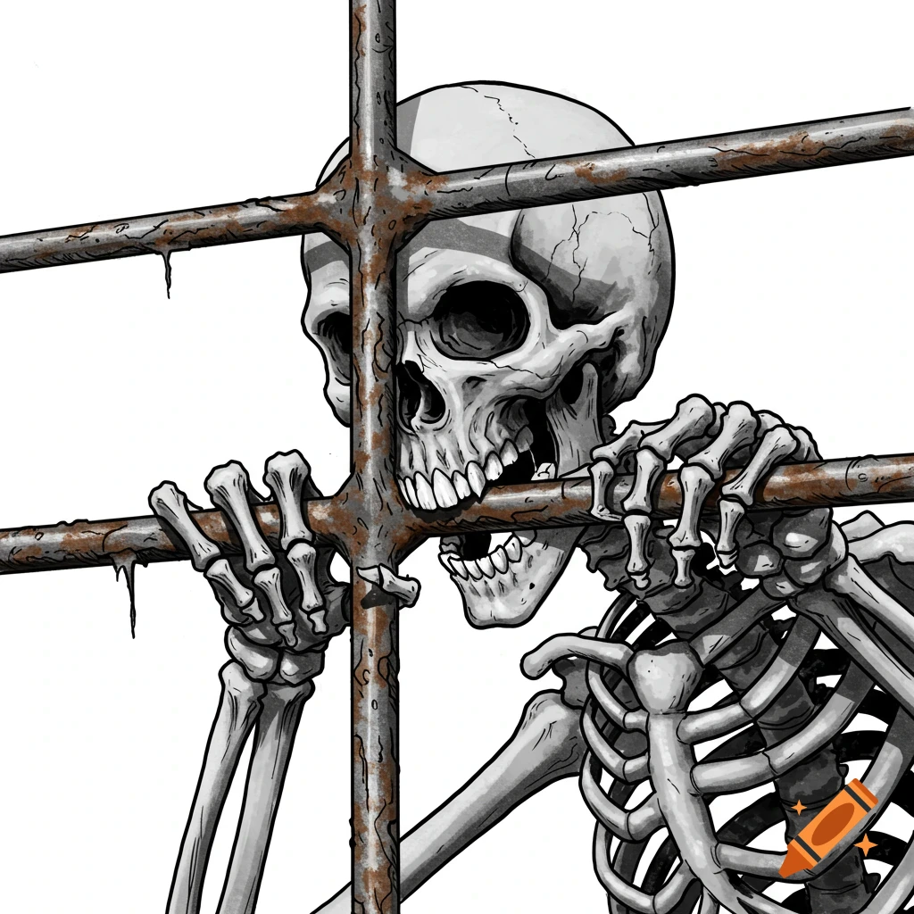 Black and white illustration of a skeleton gripping and biting rusty ...