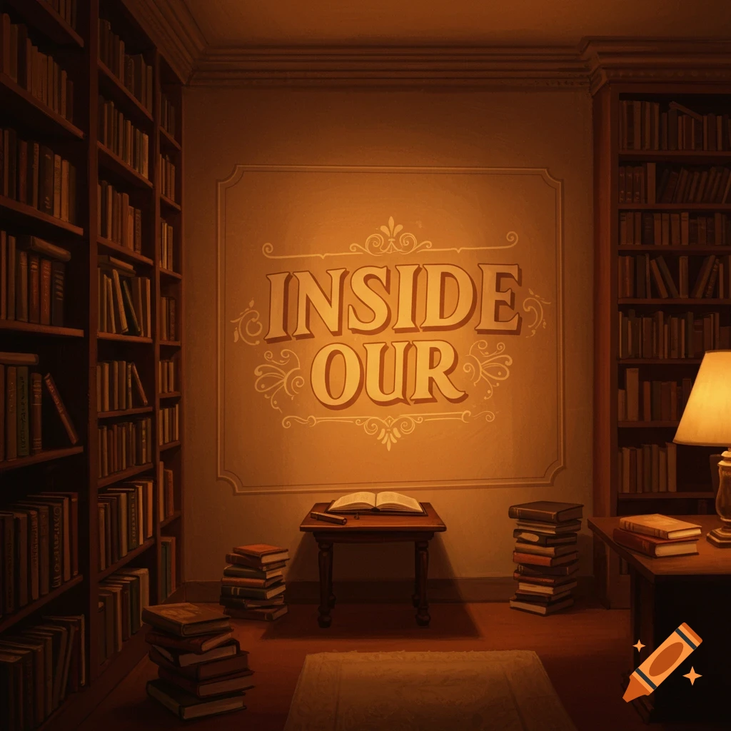 A library with bookshelves, a table, and text on the wall reading ...