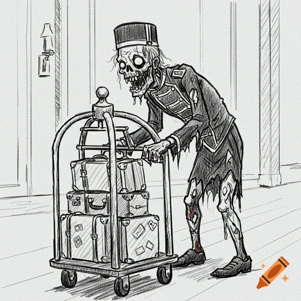 Zombie bellhop in 1985 fantasy RPG style, black and white sketch on Craiyon