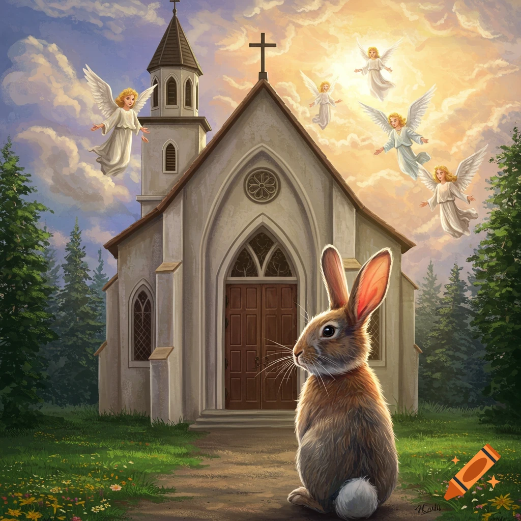Rabbit at church with angels descending from heaven on Craiyon