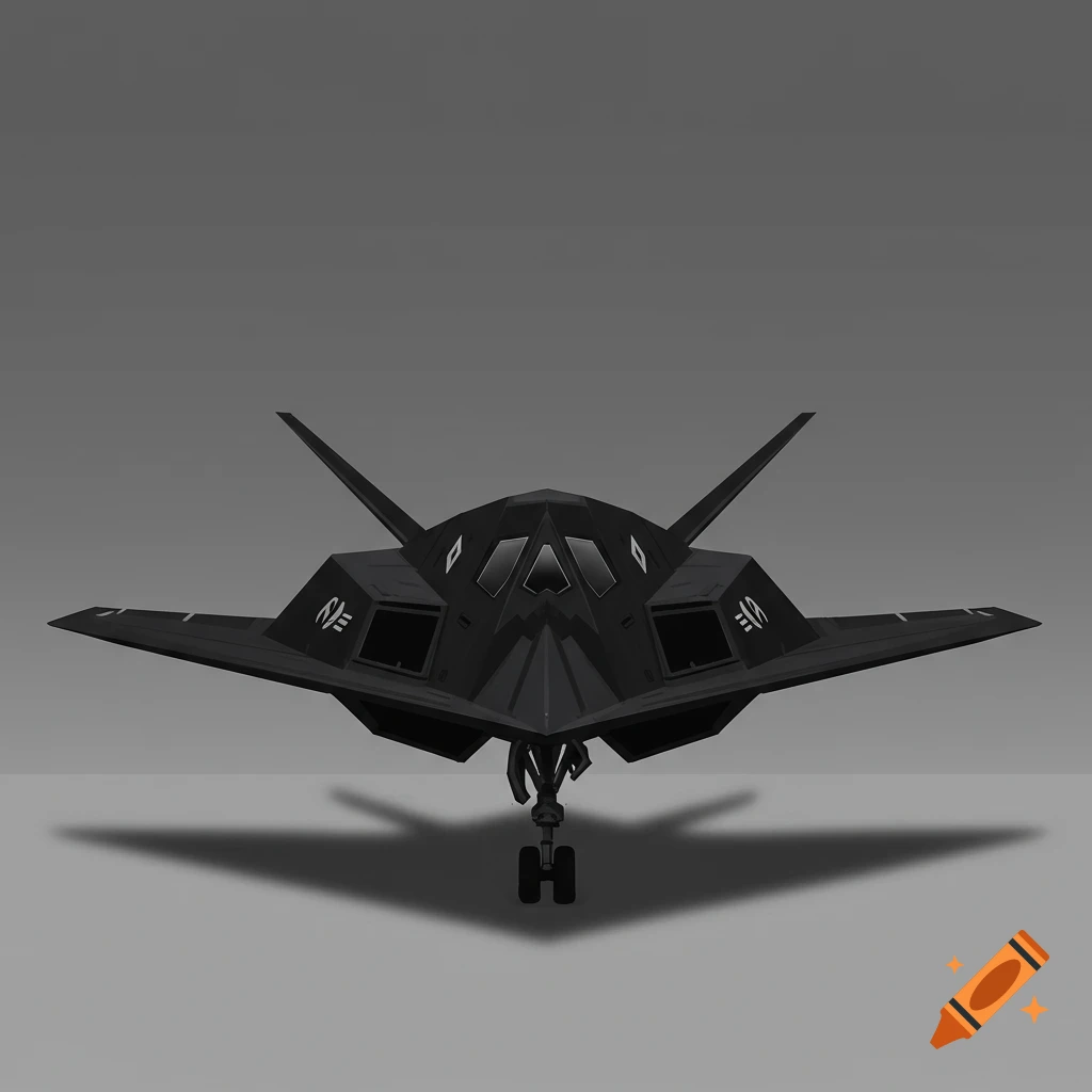 A black stealth aircraft seen from the front. on Craiyon