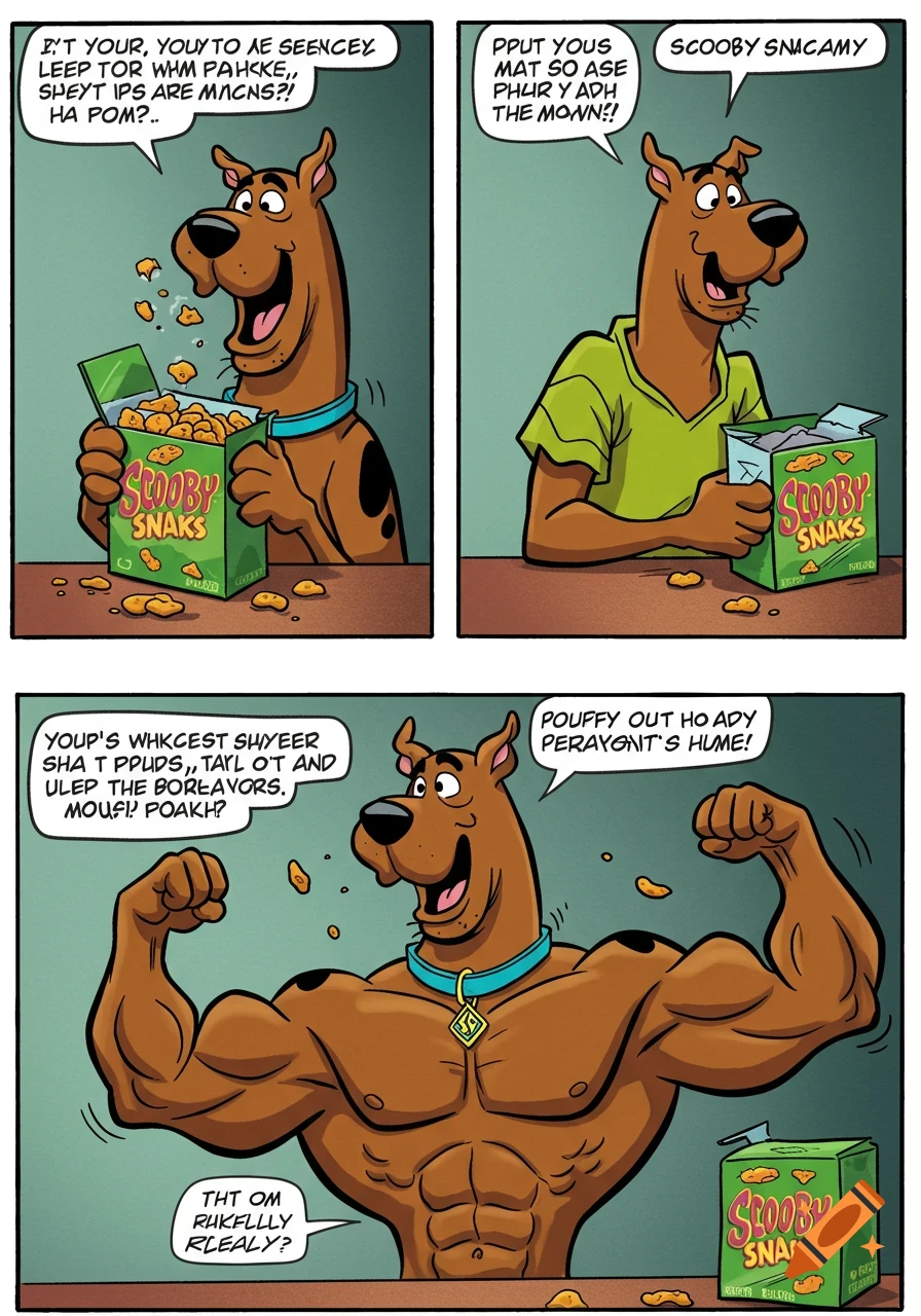 Scooby-Doo comic strip with transformation and muscle gain on Craiyon