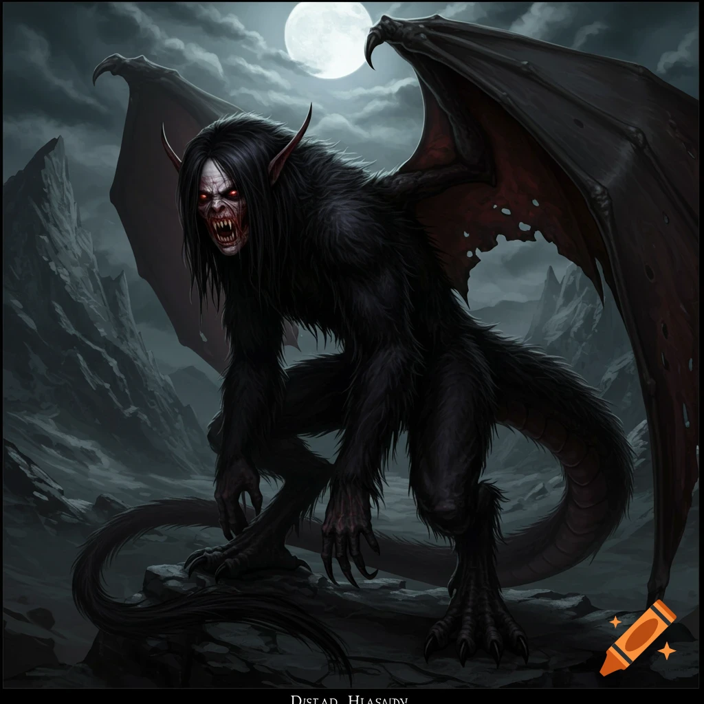 Half-human, half-dragon hybrid with fluffy black fur on Craiyon