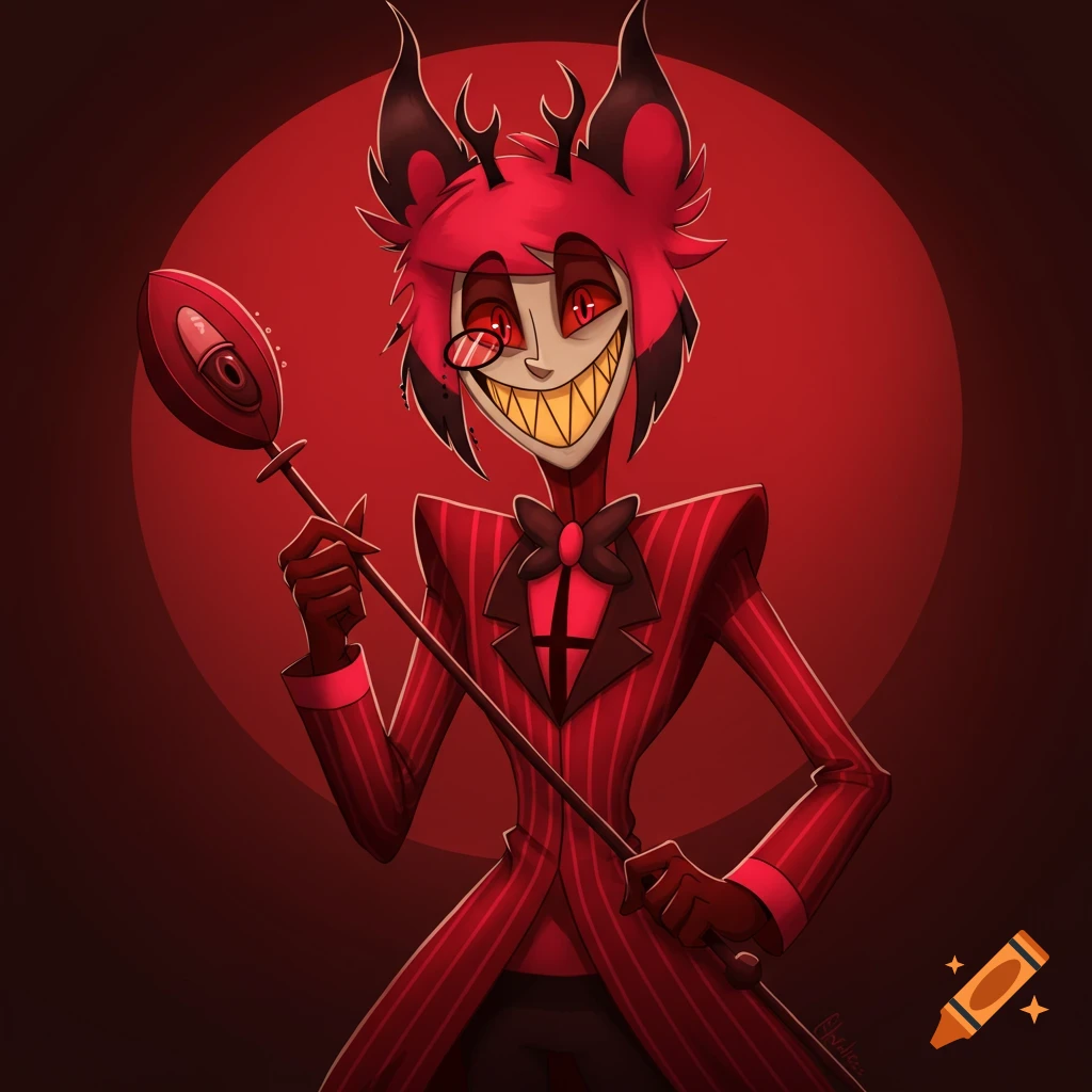 Animated character Alastor in a red pinstripe suit, monocle, and sharp ...