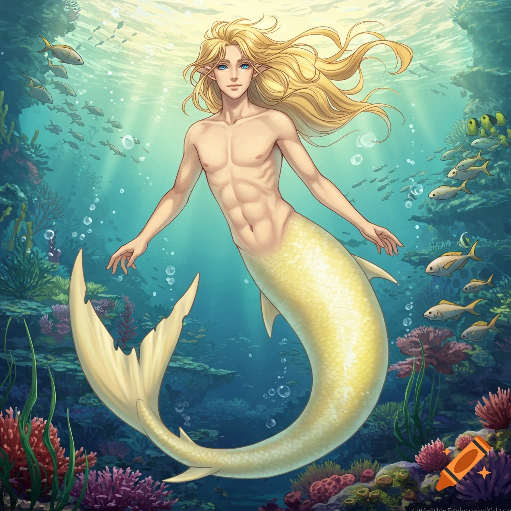 Slender blonde merman with lemon shark tail in anime style on Craiyon