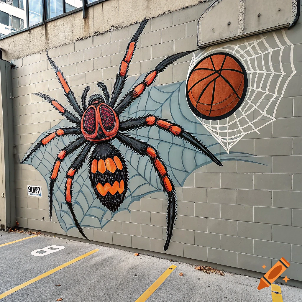 Mural of a black and orange spider and a basketball on a grey brick ...