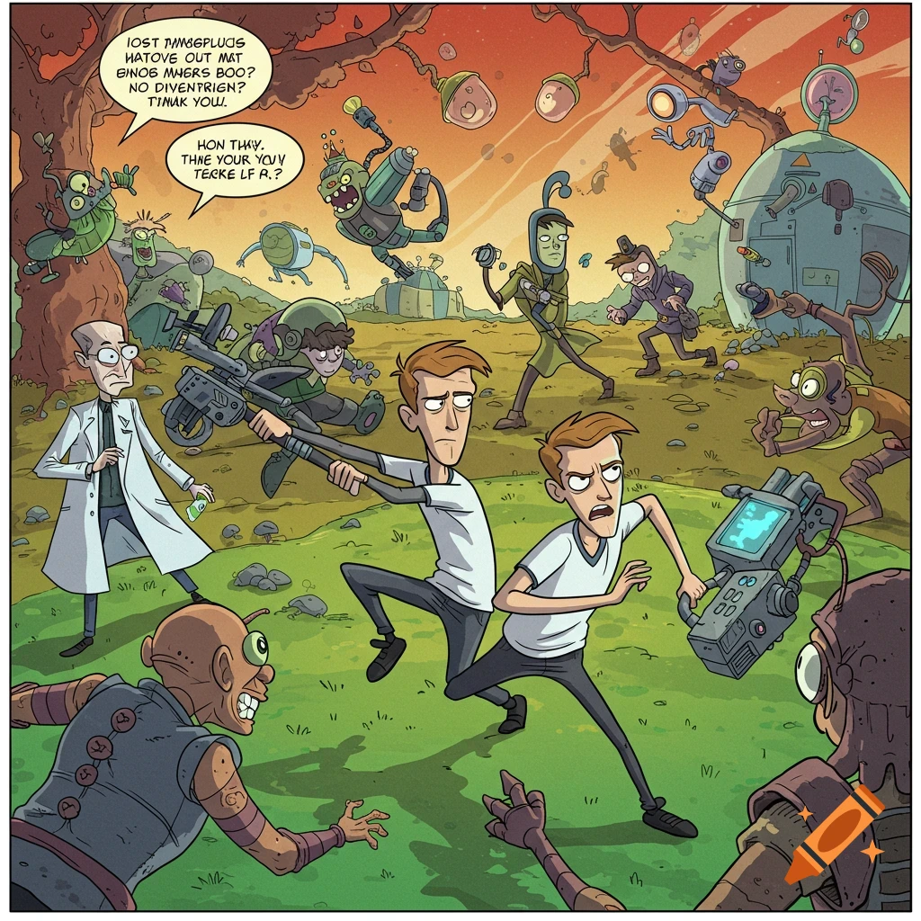 Cartoon style sci-fi action scene with characters running and fighting ...