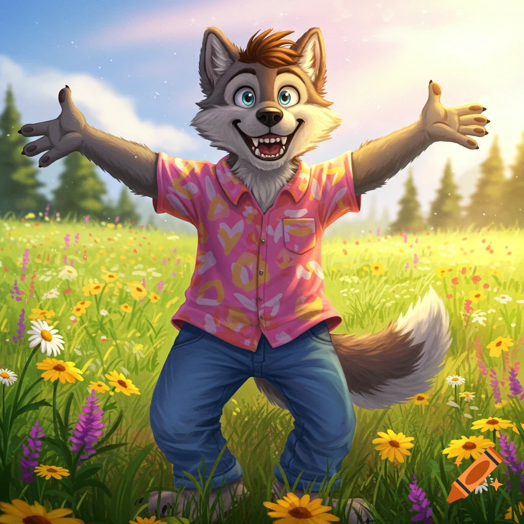 Cheerful anthropomorphic wolf illustration on Craiyon