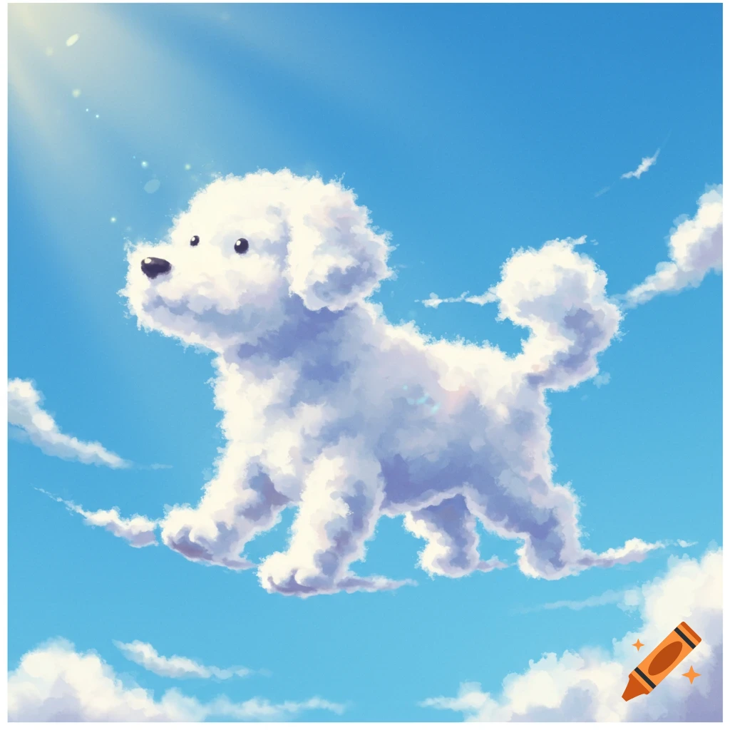 Small cloud character with a face looking down among larger clouds in a ...