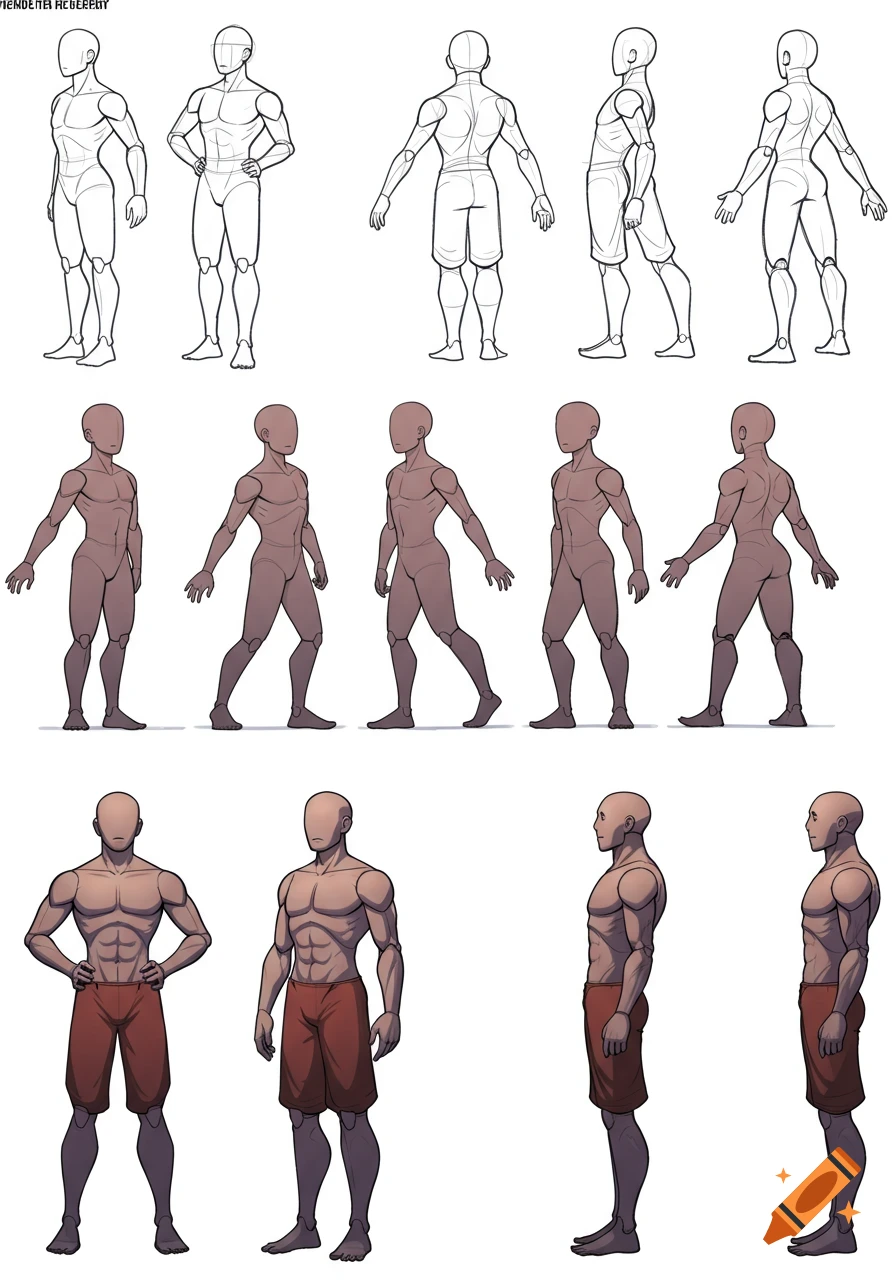 Multiple male figure drawings showing front, back, and side views for anatomy reference. on Craiyon