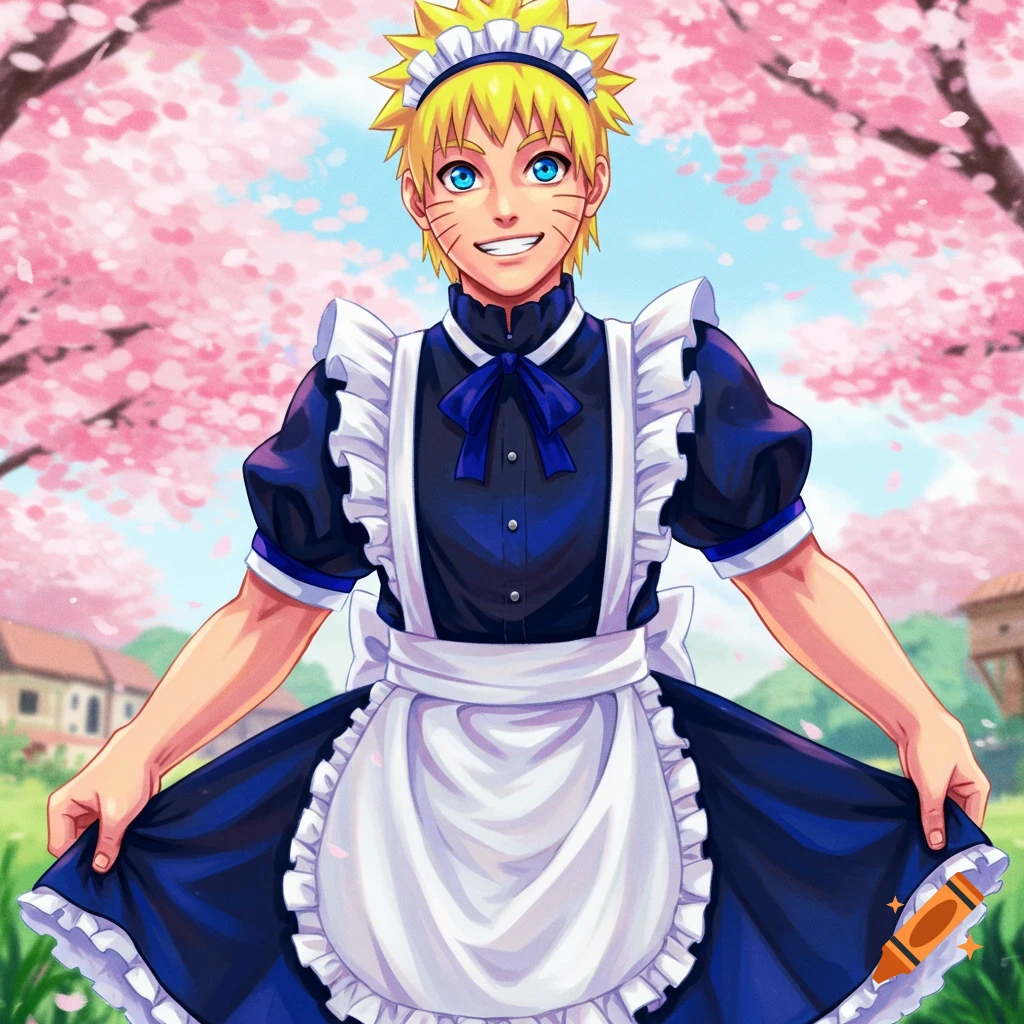 Naruto Uzumaki wearing a blue and white maid dress standing under cherry blossom trees. on Craiyon