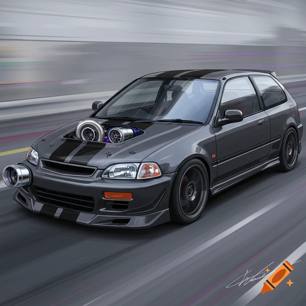 A heavily modified grey Honda Civic with exposed turbo engine and ...