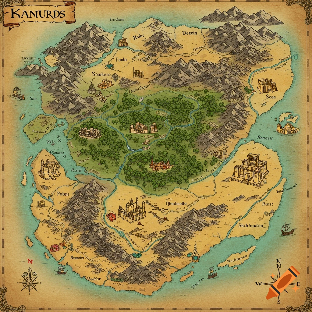 Detailed illustrated fantasy map of a large island with mountains ...