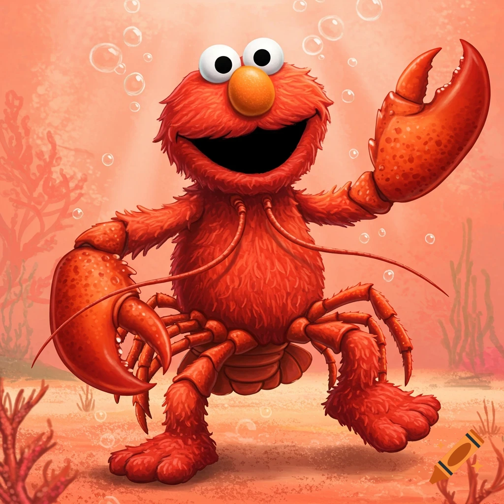 An Elmo-like figure resembling a lobster stands underwater among coral ...