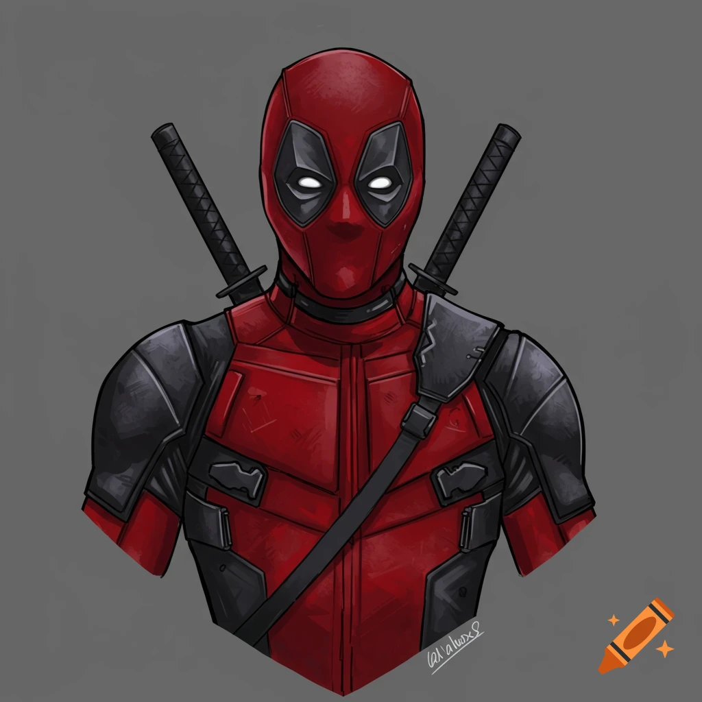 Bust of Deadpool wearing a red and black suit with two katanas on his ...