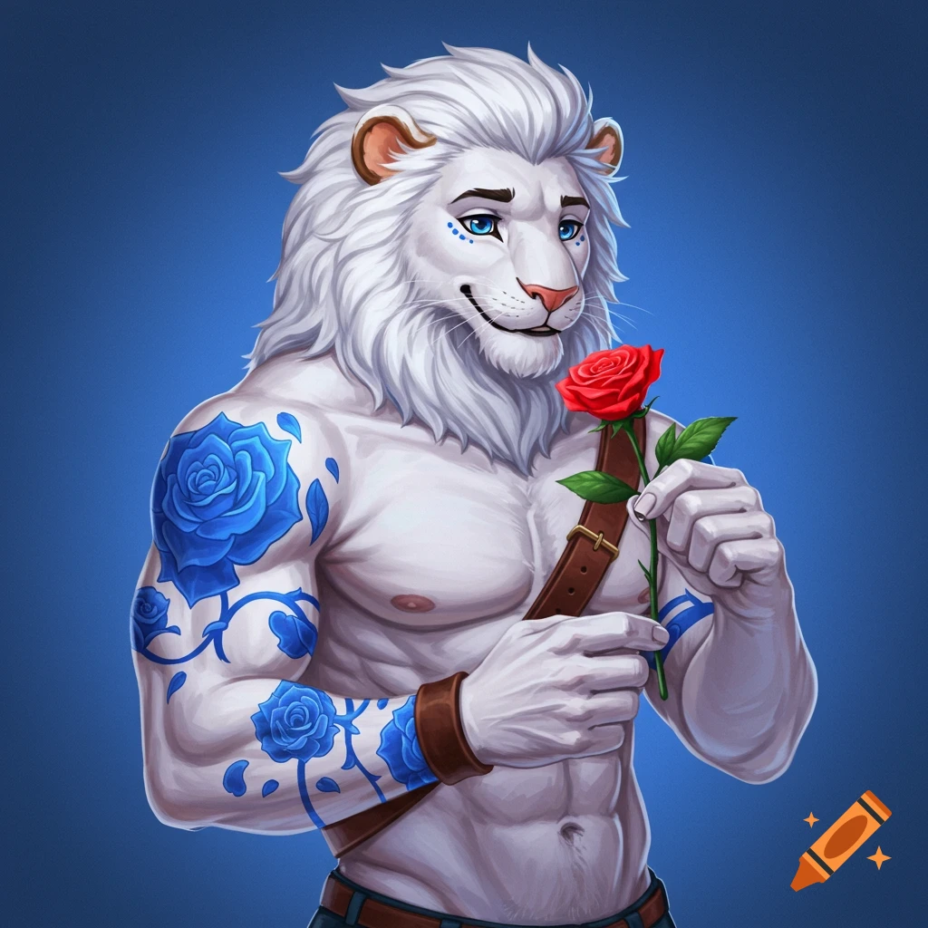 A white anthro lion with blue rose tattoos holding a red rose. on Craiyon