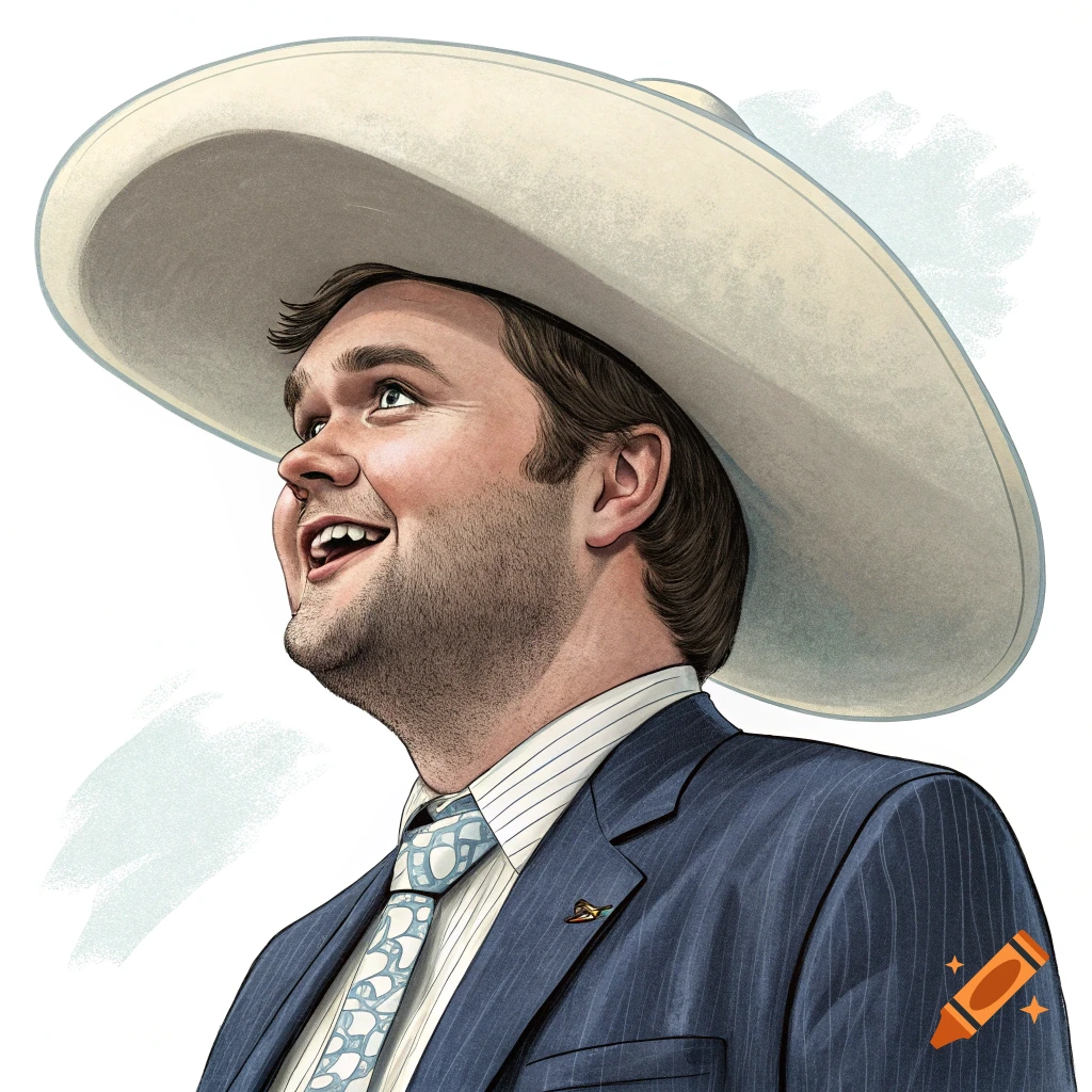 J.D. Vance wearing oversized foam cowboy hat on Craiyon