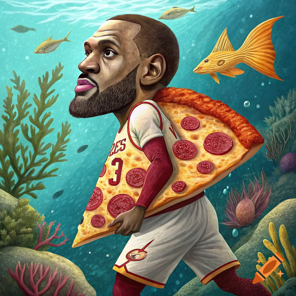 Caricature of LeBron James carrying a giant pizza slice underwater ...