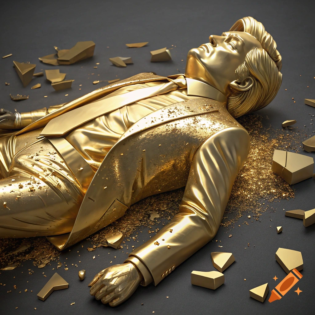 Realistic 3D render of a broken golden statue of a person in a suit ...