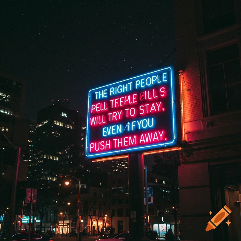 Sign with text "The right people with try to stay, Even if you push ...