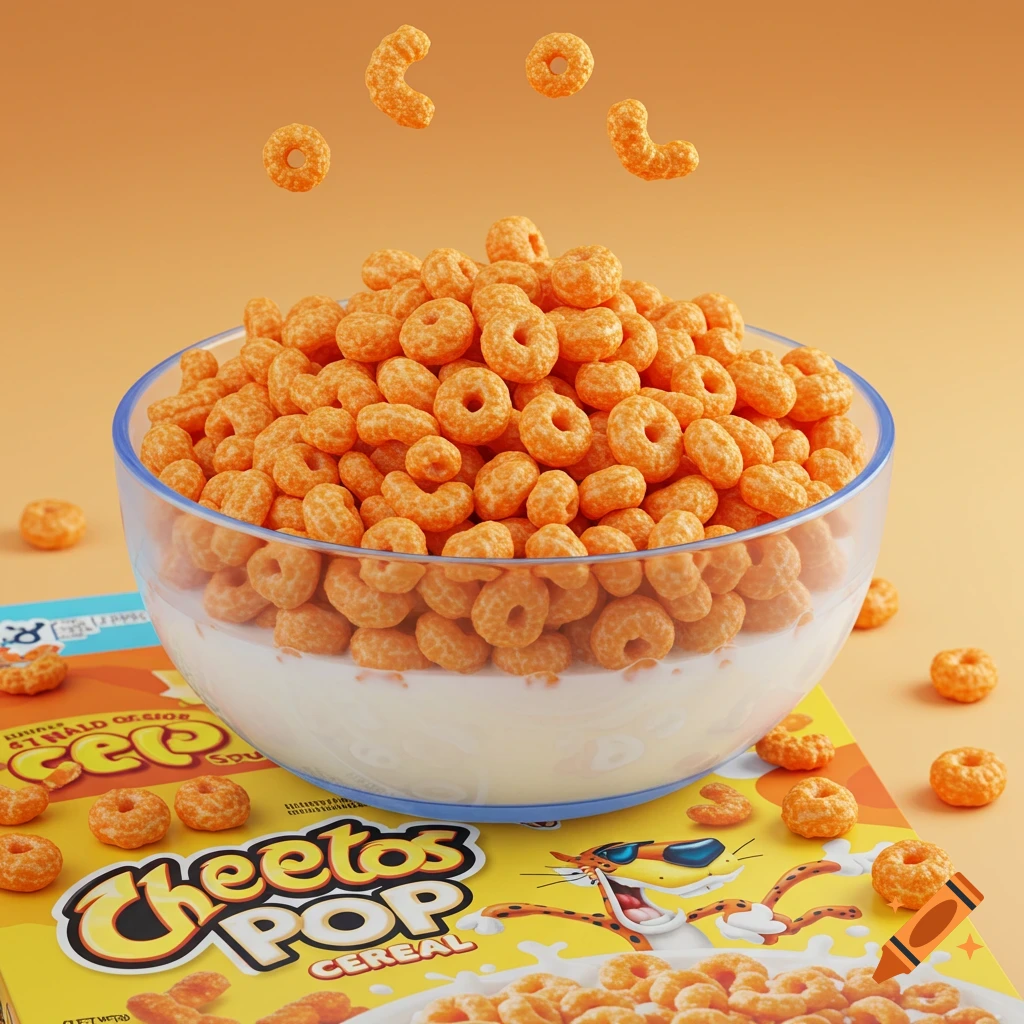 A bowl of orange ring and puff cereal in milk, with pieces floating and ...