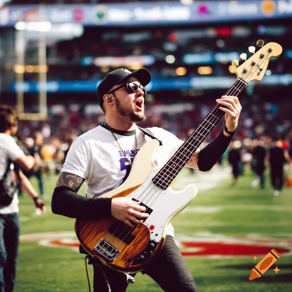 Mark Hoppus of Blink-182 holding a bass on a field on Craiyon