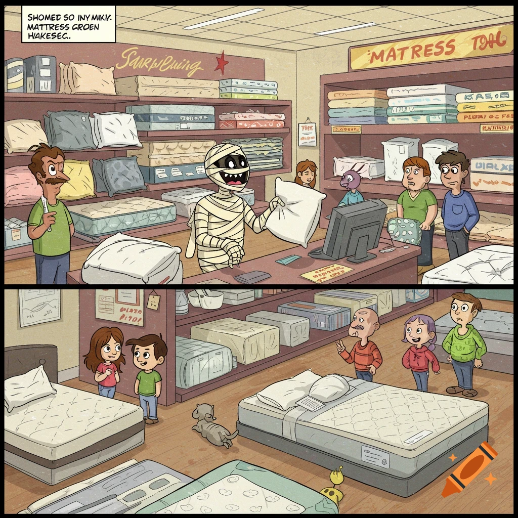 Cartoon of a mummy salesman showing a pillow to customers in a mattress ...