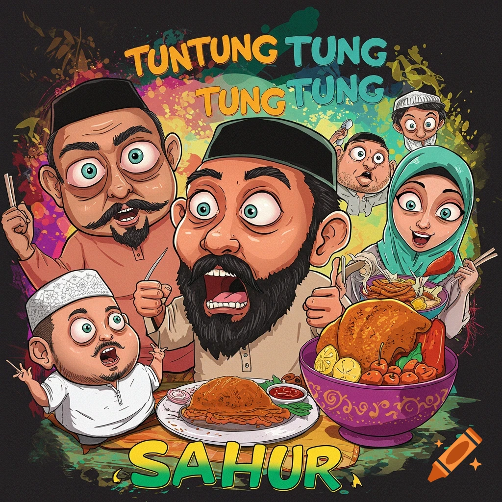 Cartoon characters eating food with text "TUNTUNG TUNG TUNG TUNG SAHUR ...