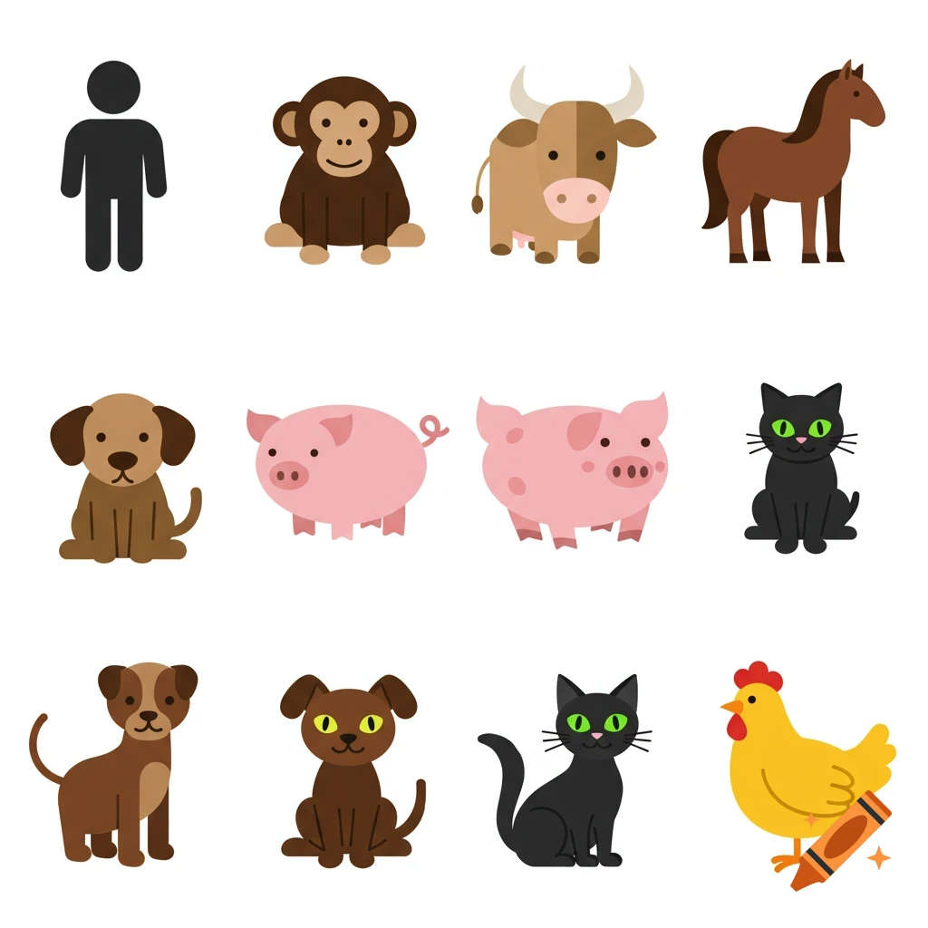 A grid of simple flat icons featuring a human, monkey, cow, horse, dog ...