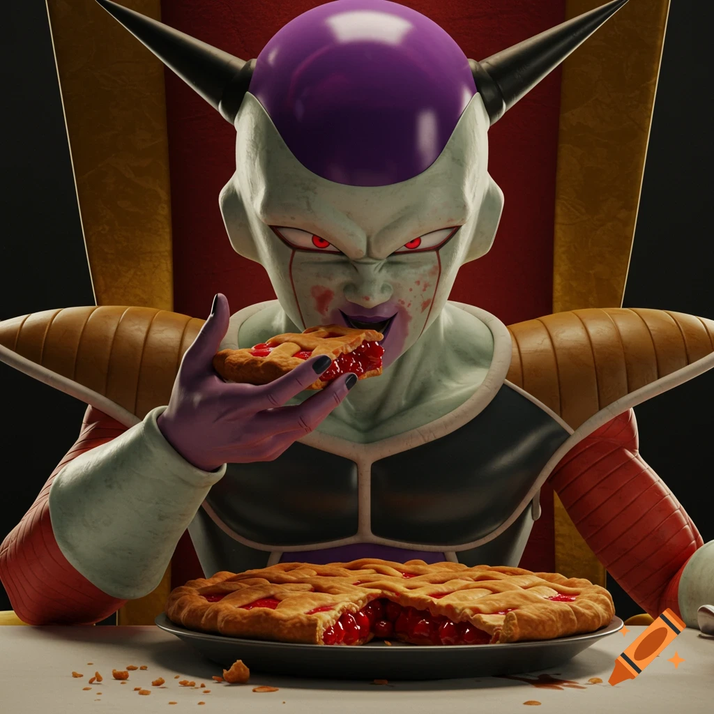 Dragon Ball character Frieza sits on a throne eating a slice of cherry ...