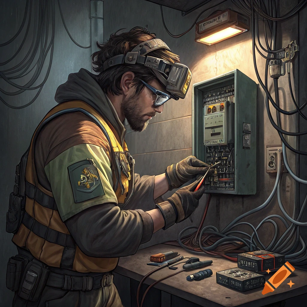 Man with futuristic gear works on an electrical breaker box. on Craiyon