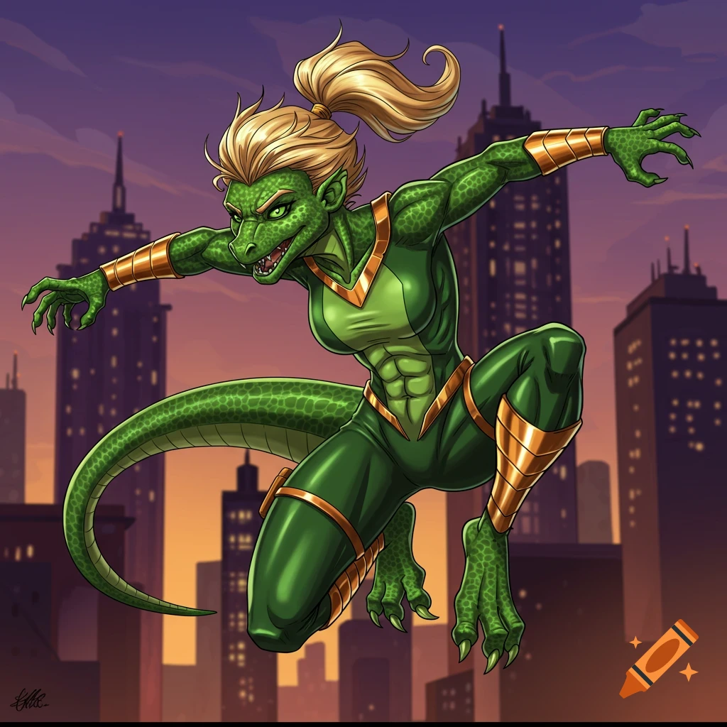 Anthropomorphic lizard woman superhero with blonde hair and green scales on Craiyon