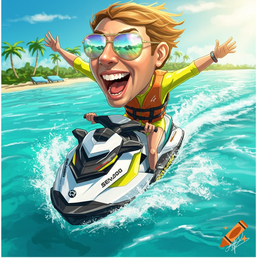 Cartoon caricature of a man joyfully riding a jet ski on a sunny day at ...