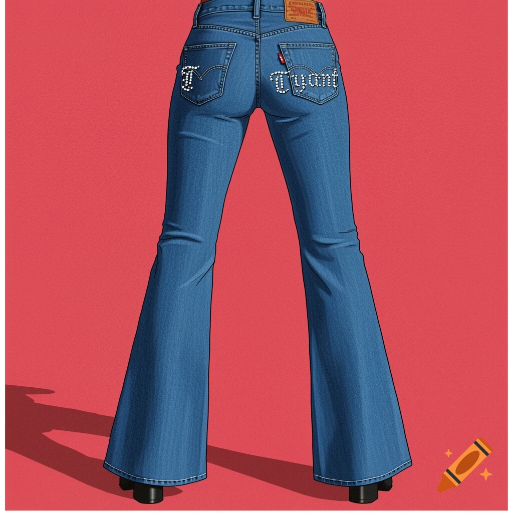Flare-legged Levi Jeans with 'tyrant' in rhinestones on Craiyon