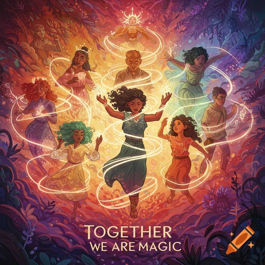 A diverse group of people surrounded by glowing energy in a forest with ...