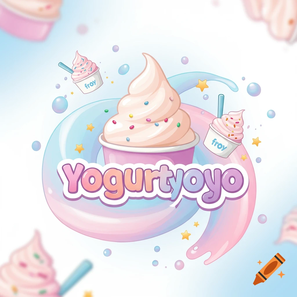 Cartoon logo for Yogurtyoyo frozen yogurt with swirling pink and blue syrup, cups of froyo, and ...