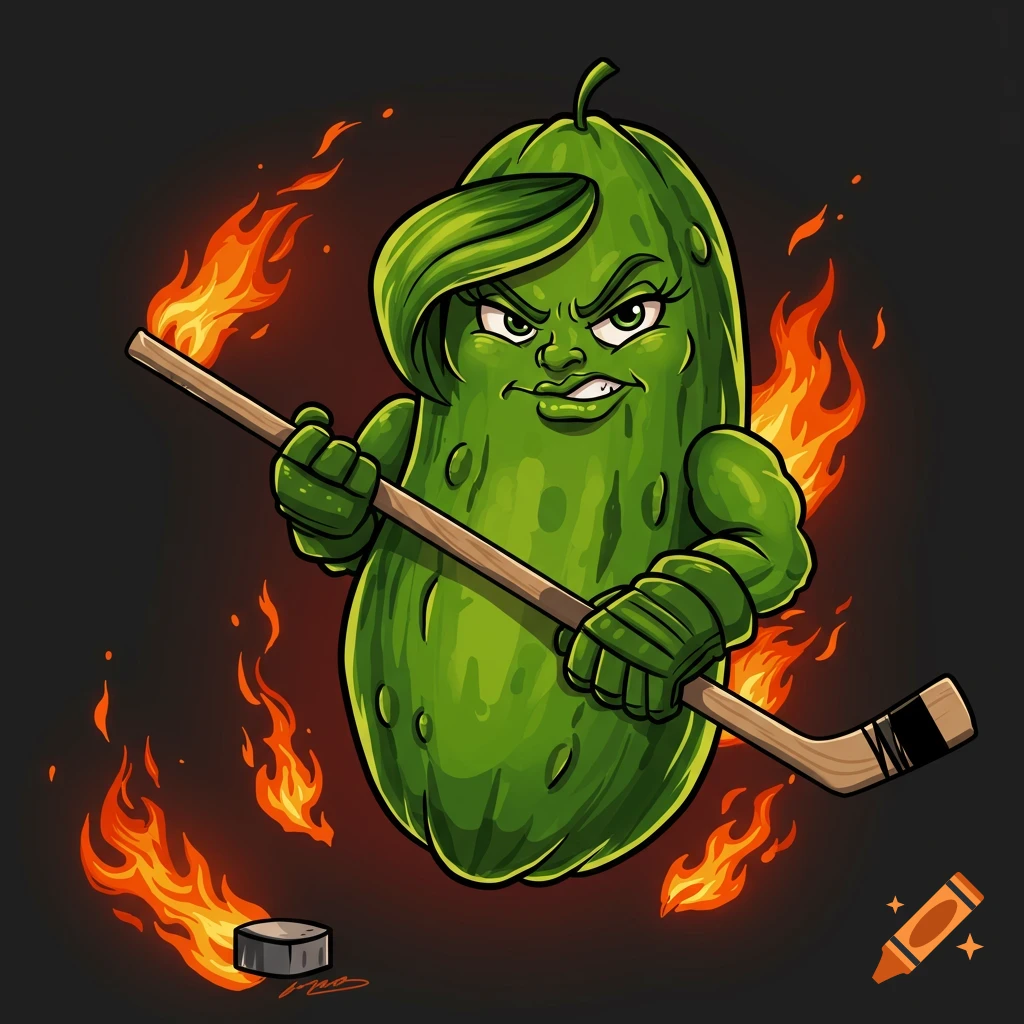 Cartoon female pickle mascot for street hockey team with a hockey stick ...