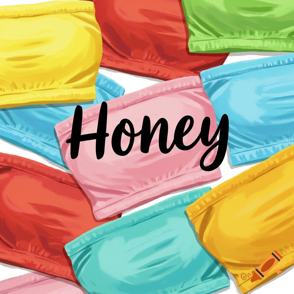 Colorful tube tops with 'Honey' in black font on Craiyon