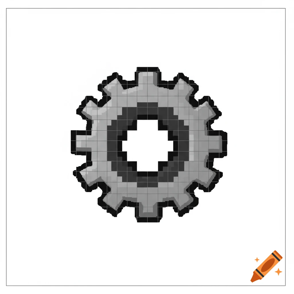 Pixel art of a black and white cog wheel inside a 20x20 pixel box on Craiyon