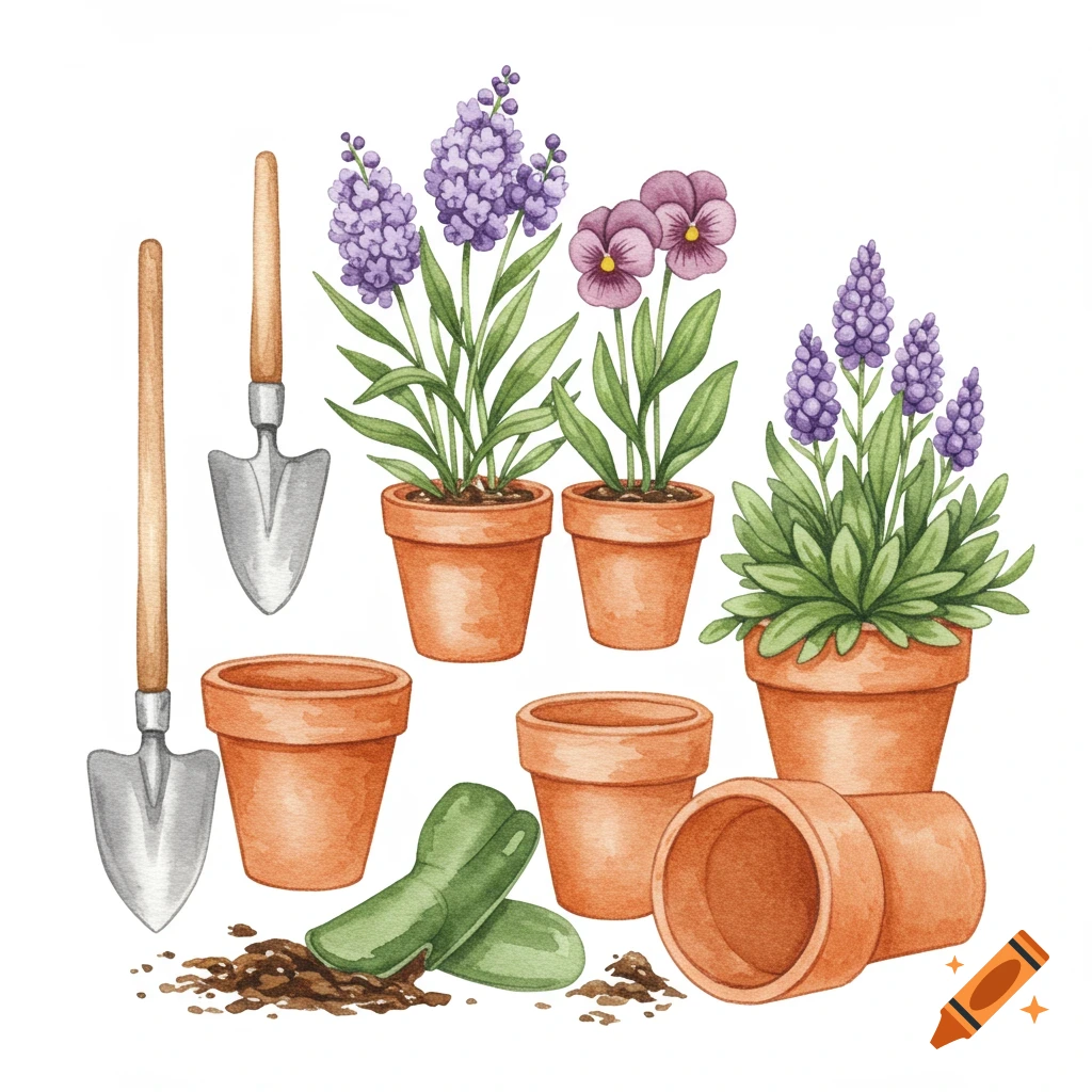 Watercolor clipart of garden tools, flower pots, and flowering plants ...