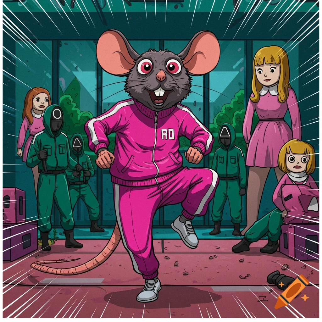 Cartoon rat in a pink tracksuit dancing in a Squid Game-like scene with ...