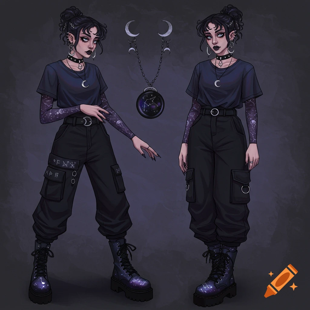 Woman in layered dark clothing with mystical accessories and galaxy ...