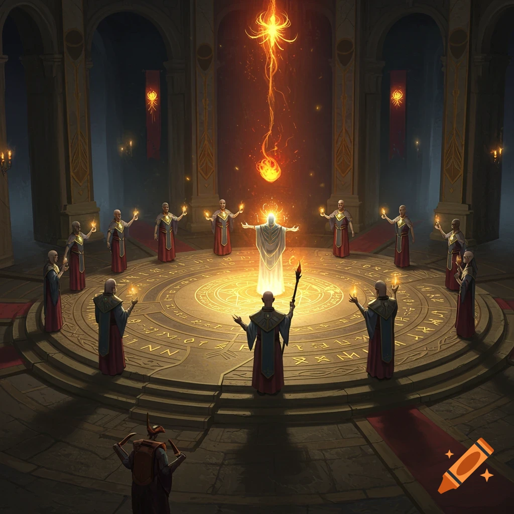 Arcane ritual chamber with guardians chanting on Craiyon