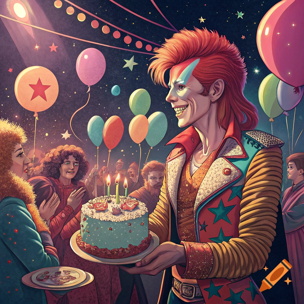 Illustration of a man resembling Bob Dylan looking at a birthday cake ...