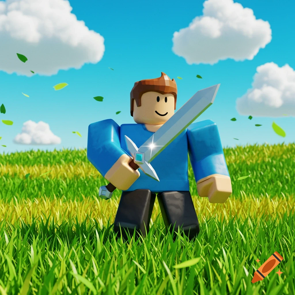 A Roblox noob character stands in a grassy field under a blue sky with ...