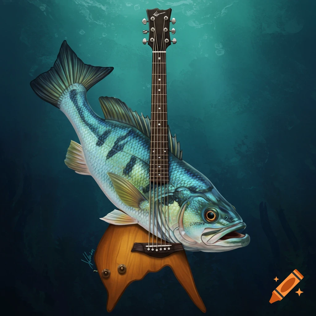 An acoustic guitar submerged in water, with the body acting as a fish ...