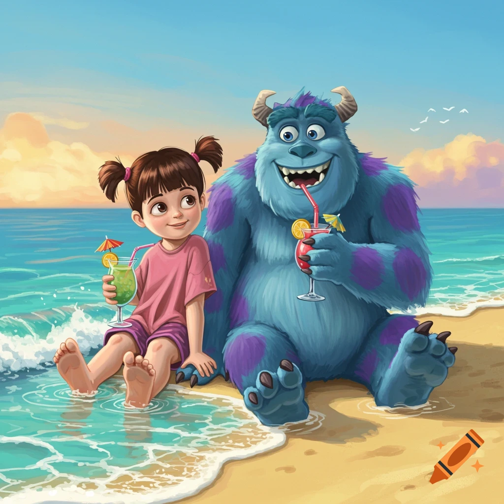 Boo and Sully relaxing on a beach with cocktails on Craiyon