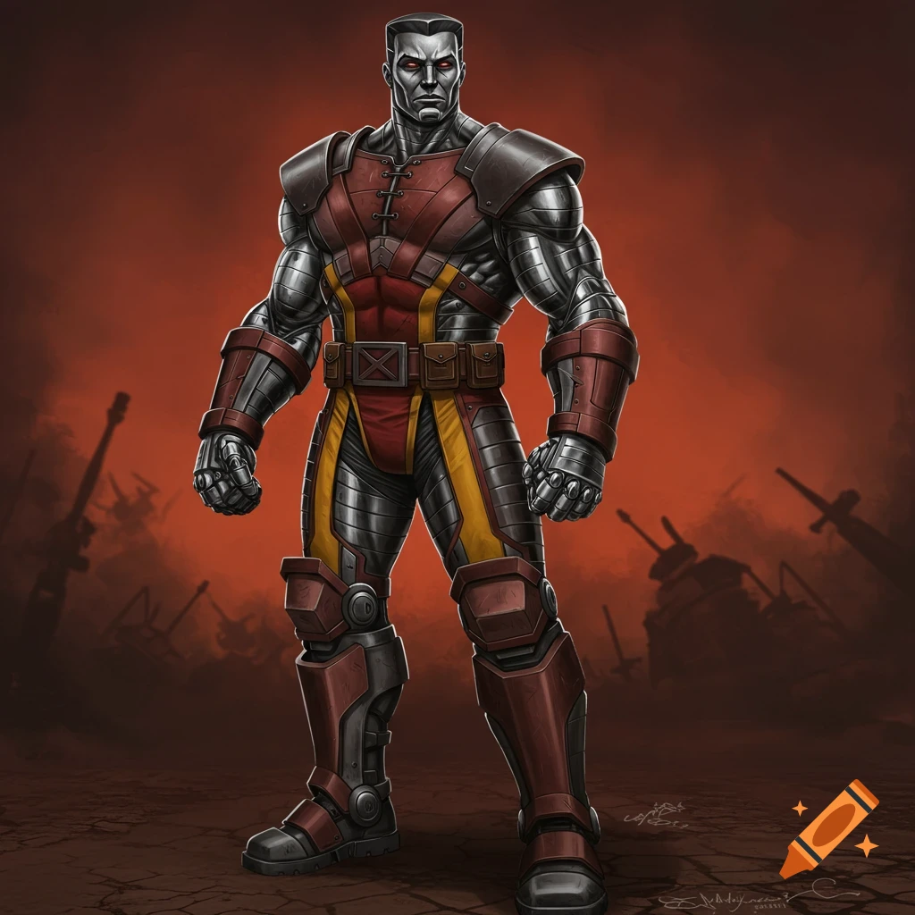 Colossus in Soviet-era war machine exosuit on Craiyon